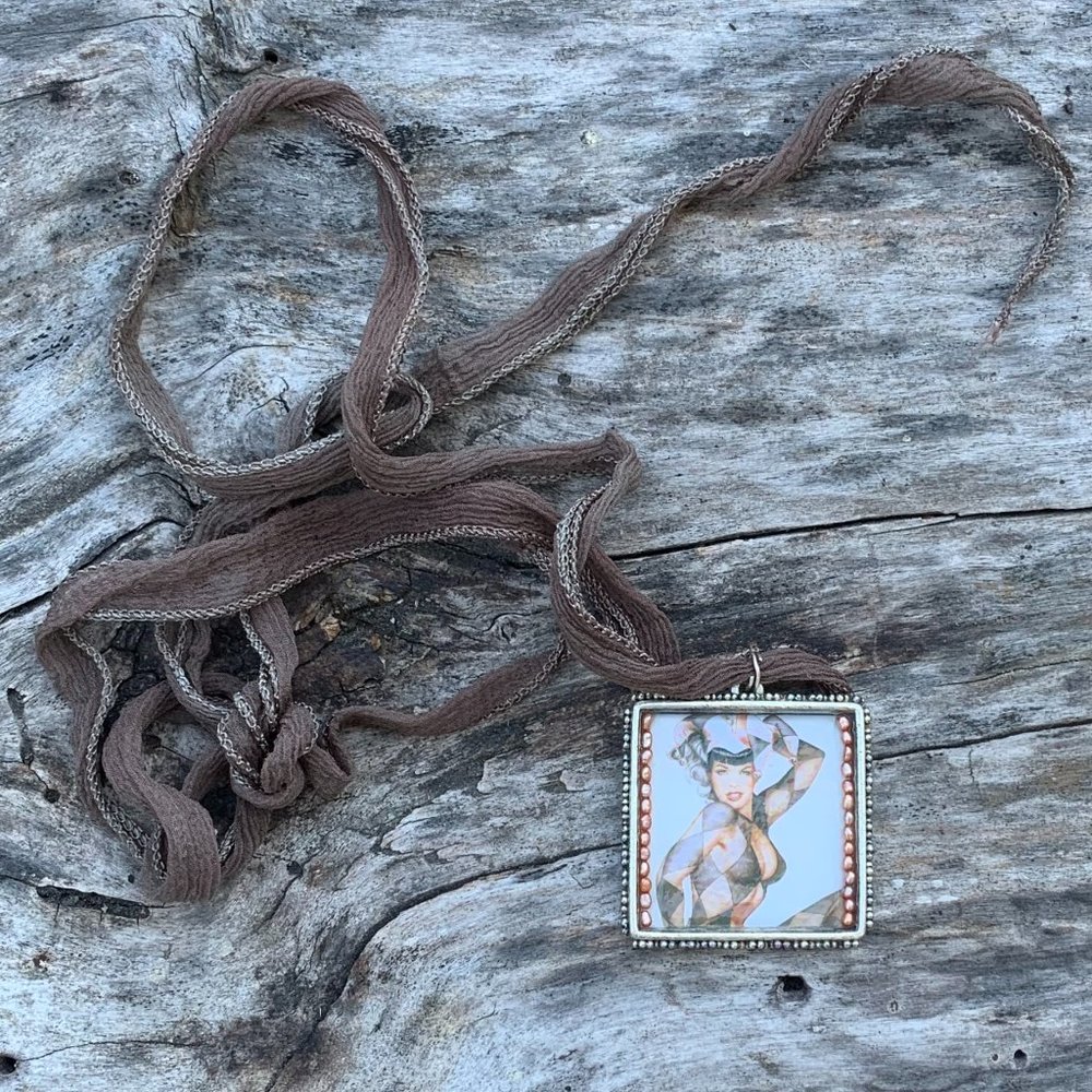 Vintage Varga Pin Up Girl Jester Image Pendant With T Gem